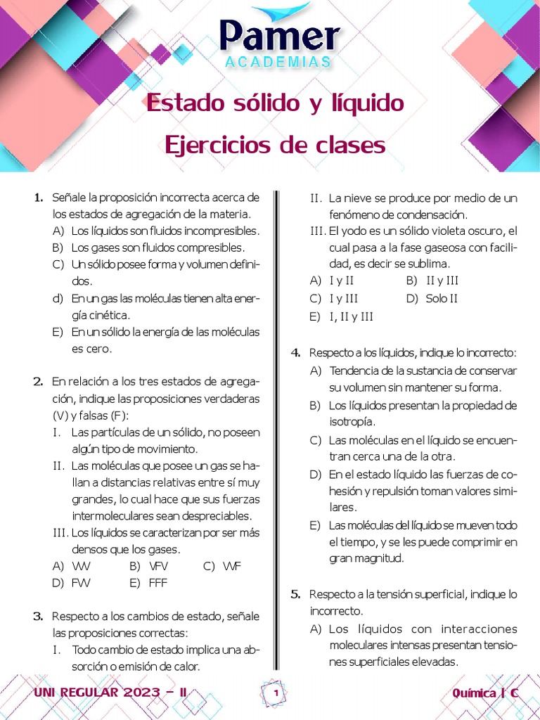 Estado Sólido y Líquido Ejercicios de Clases: Química - C Uni Regular ...