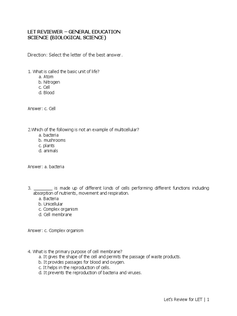 LET Reviewer - Gen Ed Science Bio Sci 1 | PDF | Cell (Biology ...
