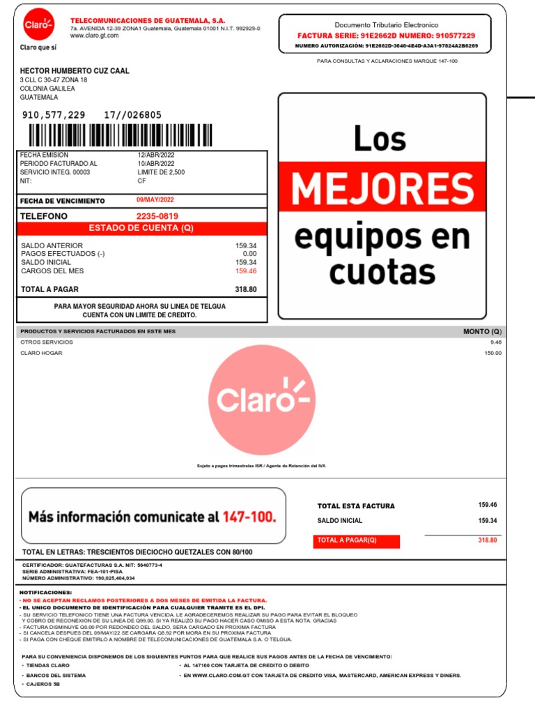 FACTURA - CLARO HOGAR - 22350819 (Abril 2022) - 1 | PDF | Tarjeta de ...