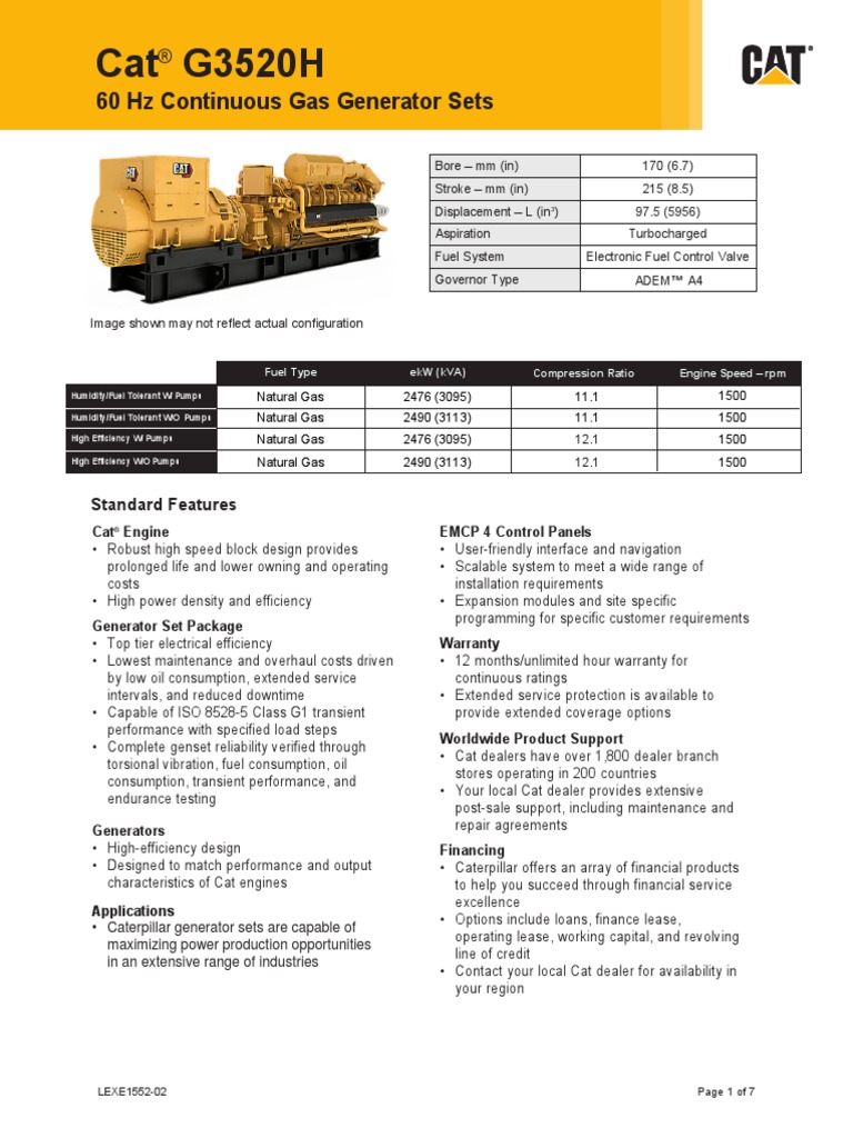 Cat G3520H: 60 HZ Continuous Gas Generator Sets | PDF | Engines | Fuel ...