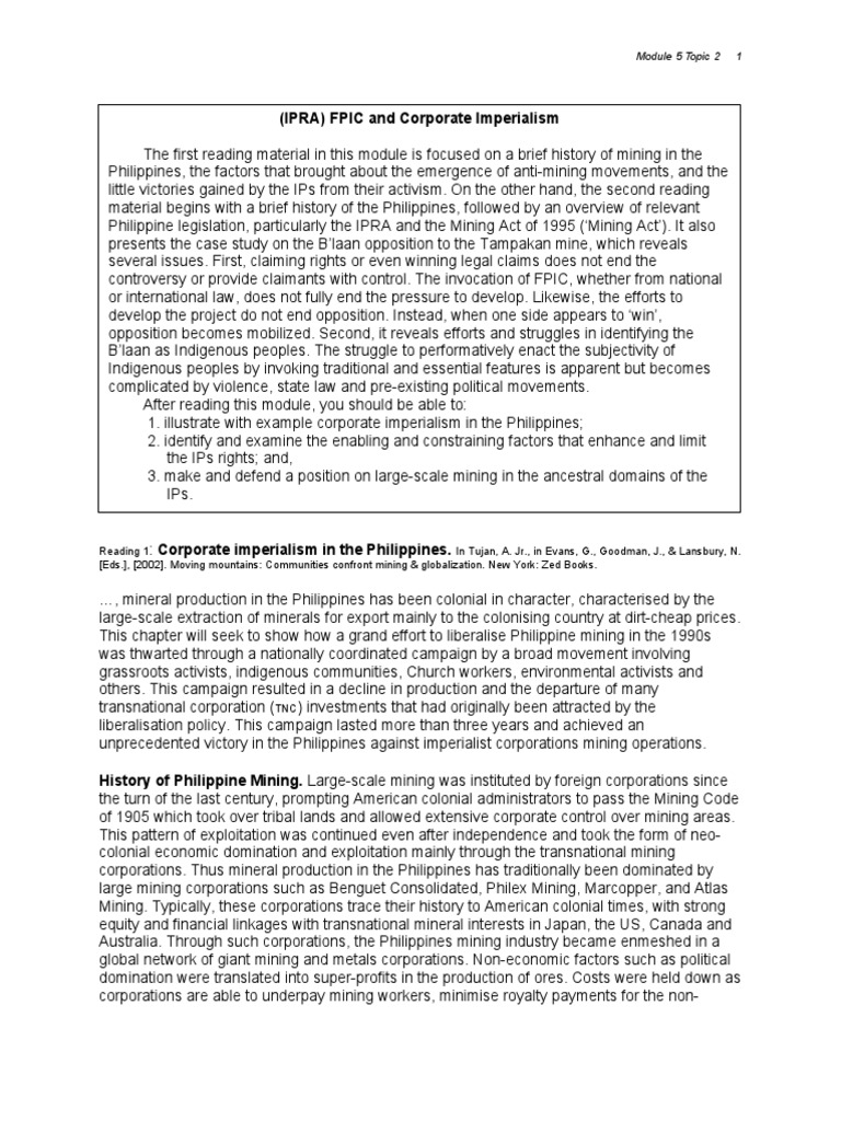 Module 5 Topic 2 - (IPRA) FPIC and Corporate Imperialism | PDF | Mining | Philippines