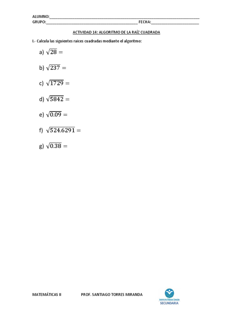 Actividad 14 - Mate 2 - Alg Raíz Cuadrada | PDF