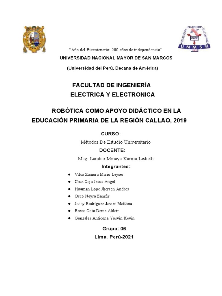 Facultad de Ingeniería Electrica Y Electronica Robótica Como Apoyo Didáctico en La Educación ...