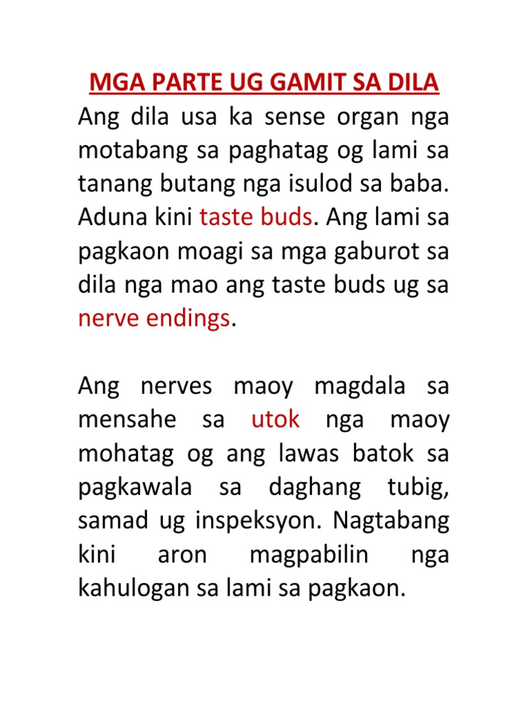Mga Parte Ug Gamit Sa Dila: Taste Buds Nerve Endings Utok | PDF