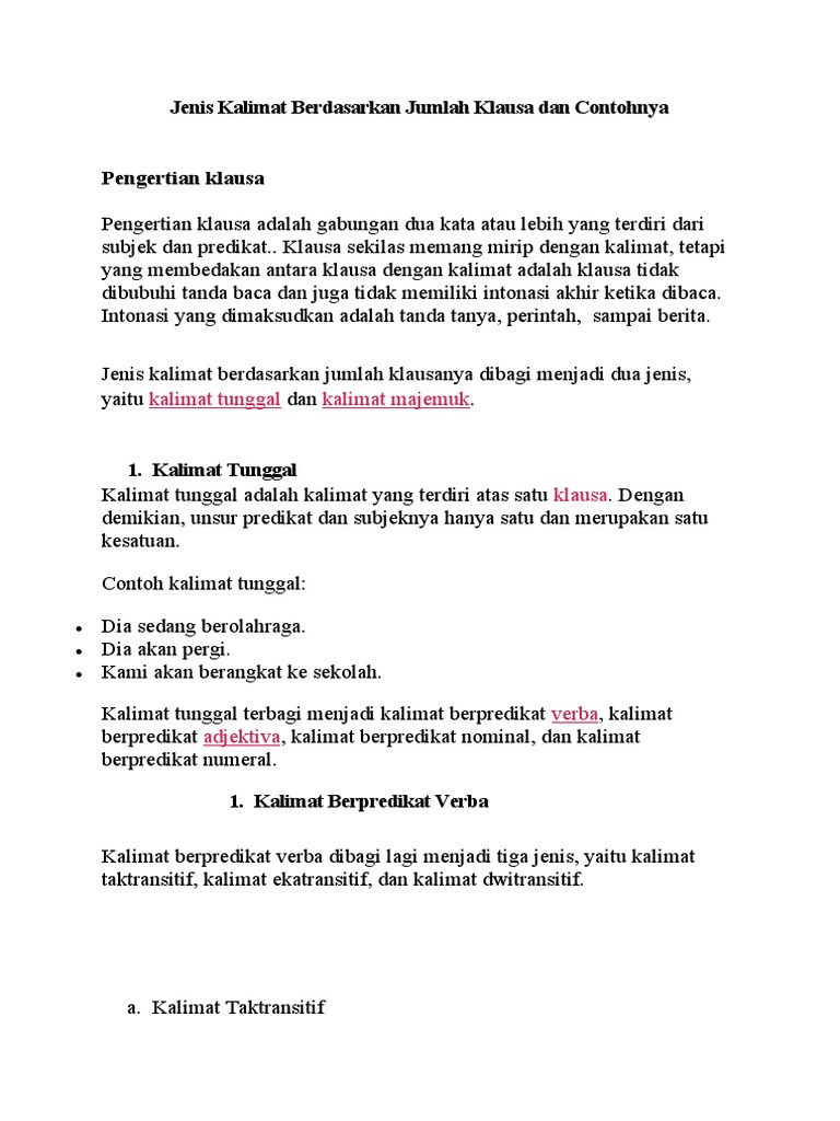 Jenis Kalimat Berdasarkan Jumlah Klausa Dan Contohnya | PDF