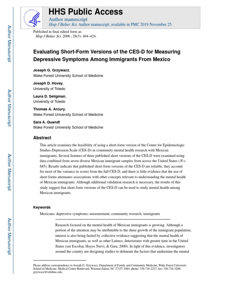Grzywacz Et Al - 2006 - Evaluating Short-Form Versions of The CES-D For ... Grzywacz Et Al - 2006 - Evaluating Short-Form Versions of The CES-D For ...