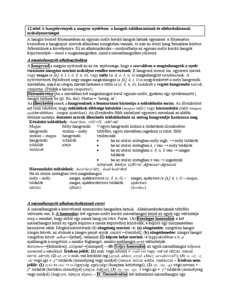 NYELVTAN 12. Tétel Hangtörvények A Magyar Nyelvben | PDF