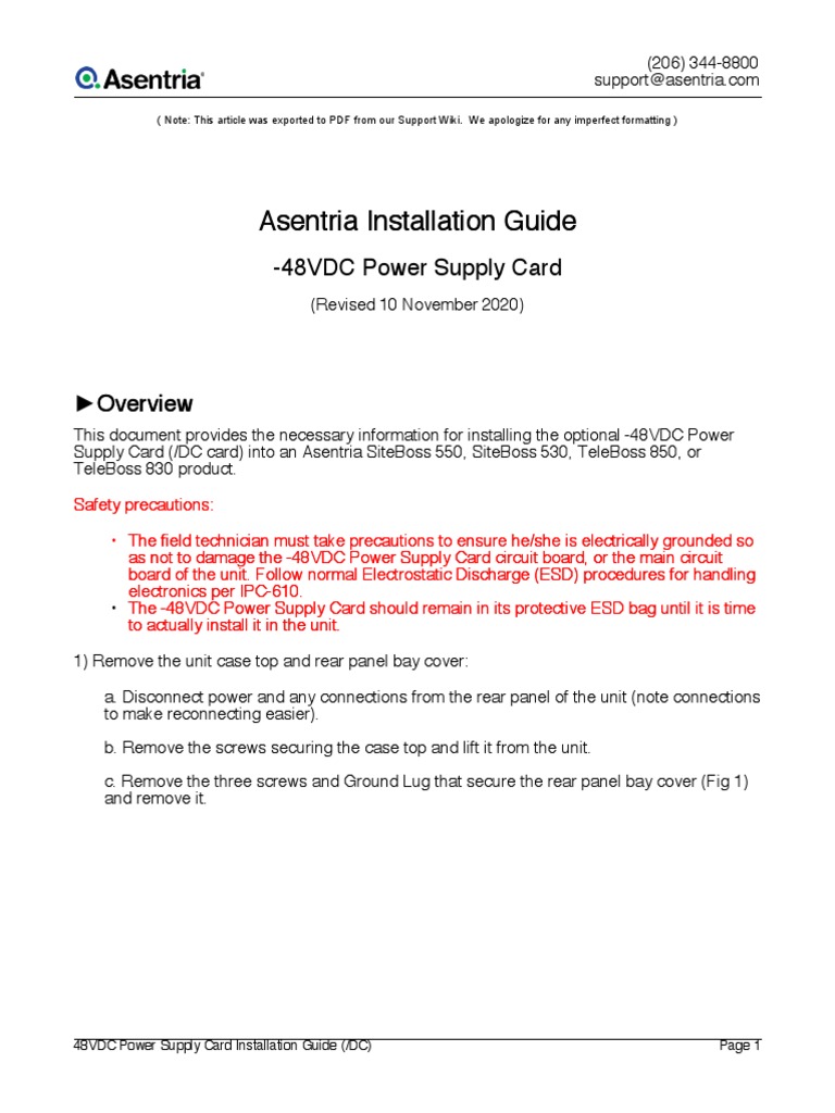 Installation Instructions for Adding Optional -48VDC Power Supply Card ...