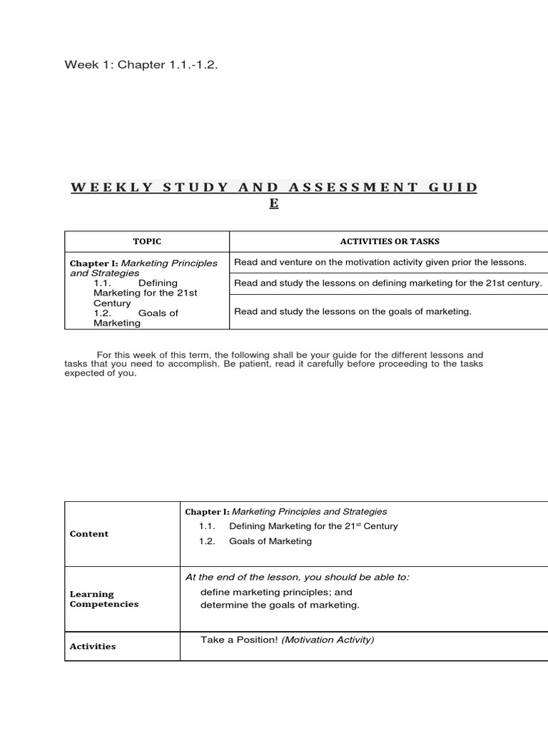 Weekly Study and Assessment Guid E: Week 1: Chapter 1.1.-1.2 | PDF | Marketing | Marketing Strategy