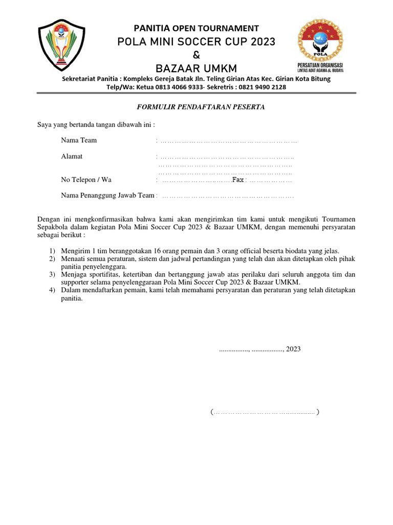 Formulir Pendaftara Syarat Dan Aturan Tournamen Pola Mini Soccer Cup ...