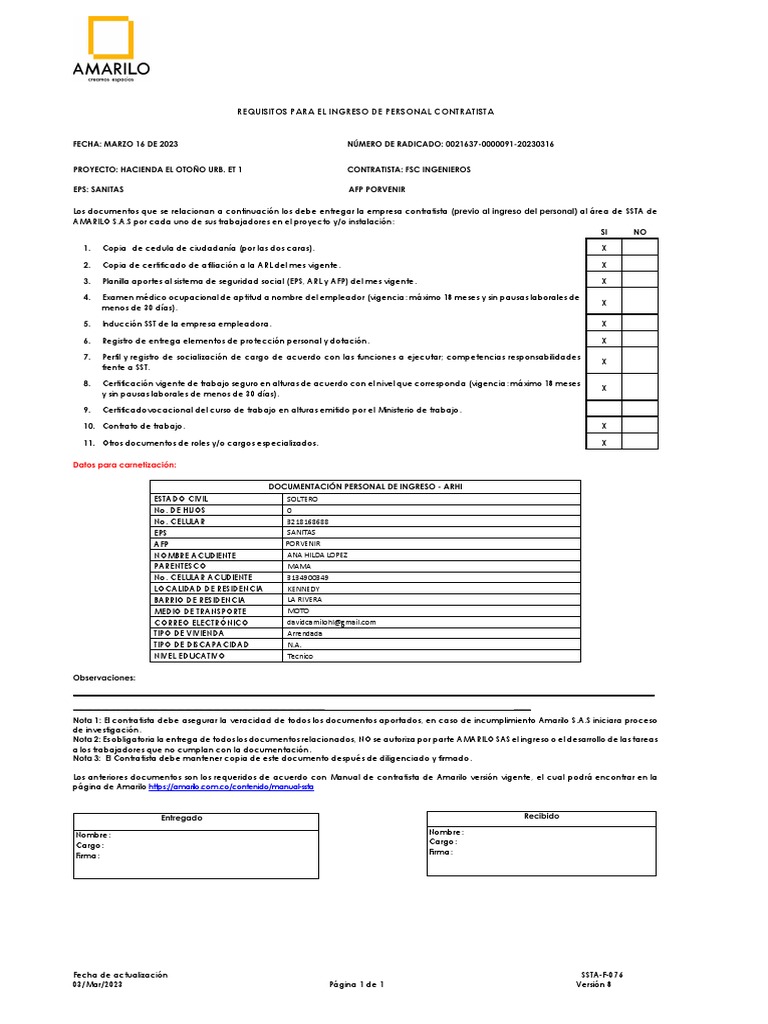 SSTA-F-076 Requisitos para El Ingreso de Personal Contratista | PDF