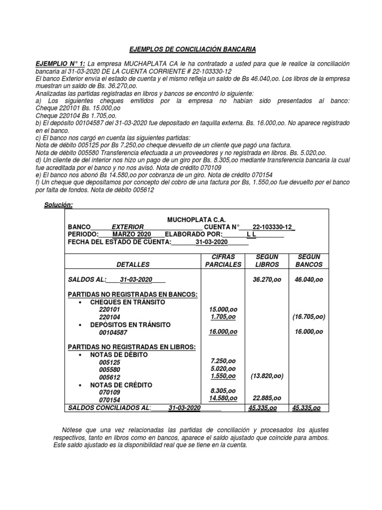 Conciliaciones bancarias: Ejemplos y ejercicios de aplicación | PDF | Bancos | Cheque