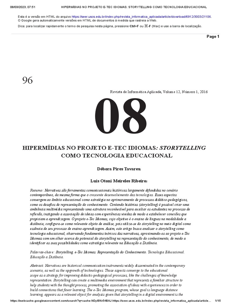 Hipermídias No Projeto E-Tec Idiomas - Storytelling Como Tecnologia Educacional | PDF ...