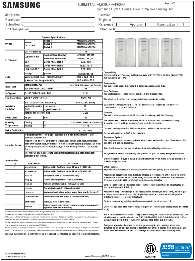 Am528jxvafh2aa Submittal 230V+HP 03122019 | PDF | Heat Pump | Air ...