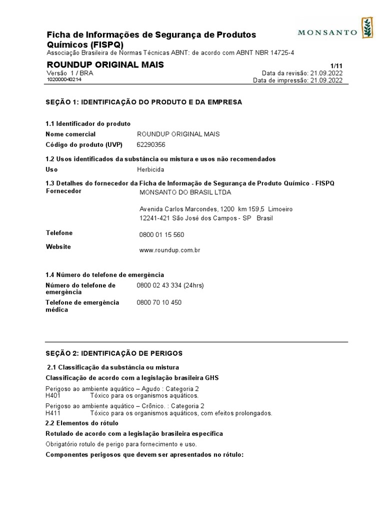 FISPQ Roundup Original Mais | PDF | Desperdício | Dióxido de carbono