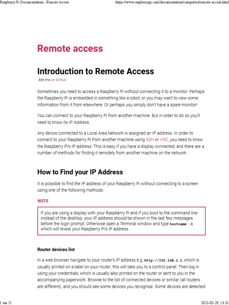 Raspberry Pi Documentation - Remote Access | PDF | Secure Shell ...