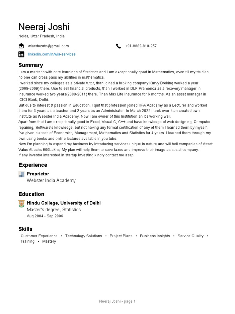 Resume Neeraj Joshi | PDF | Career & Growth