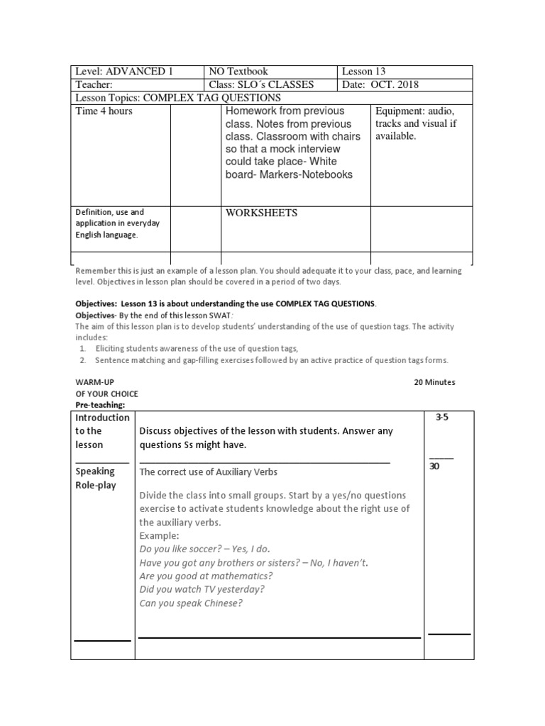Lesson 13 Complex Tag Questions | PDF | Question | Lesson Plan