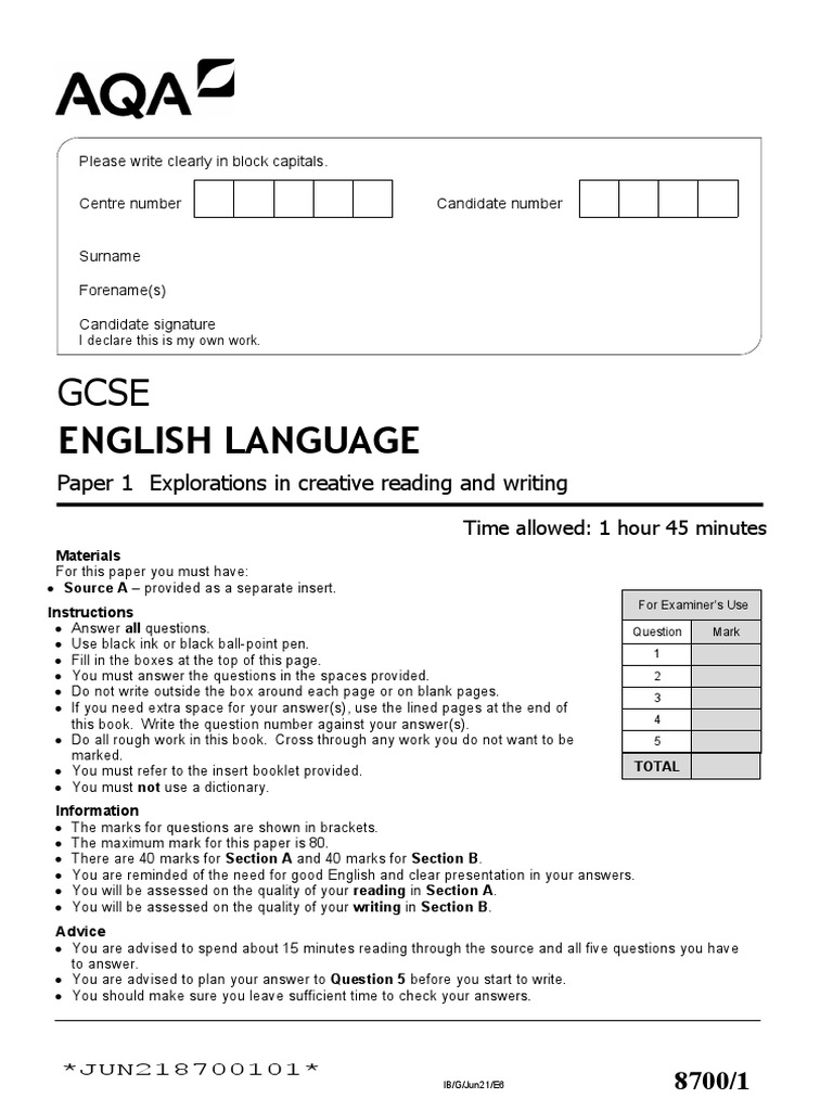 English Language Paper 1 Explorations In Creative Reading And Writing