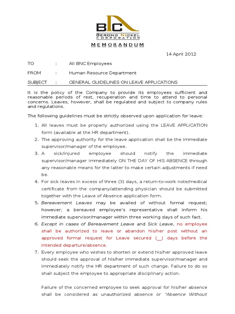 Memo On Leave | PDF | Employment | Justice