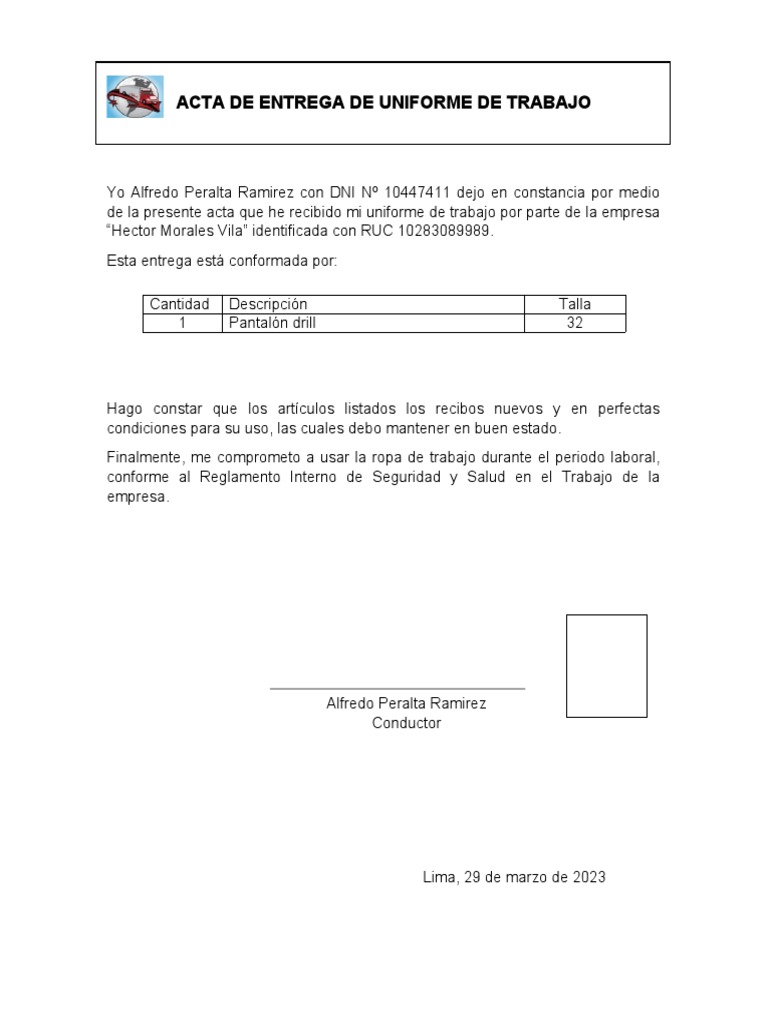 Acta De Entrega De Uniforme De Trabajo Pdf
