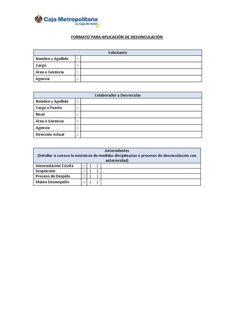 Formato Para Aplicacion De Desvinculación Pdf