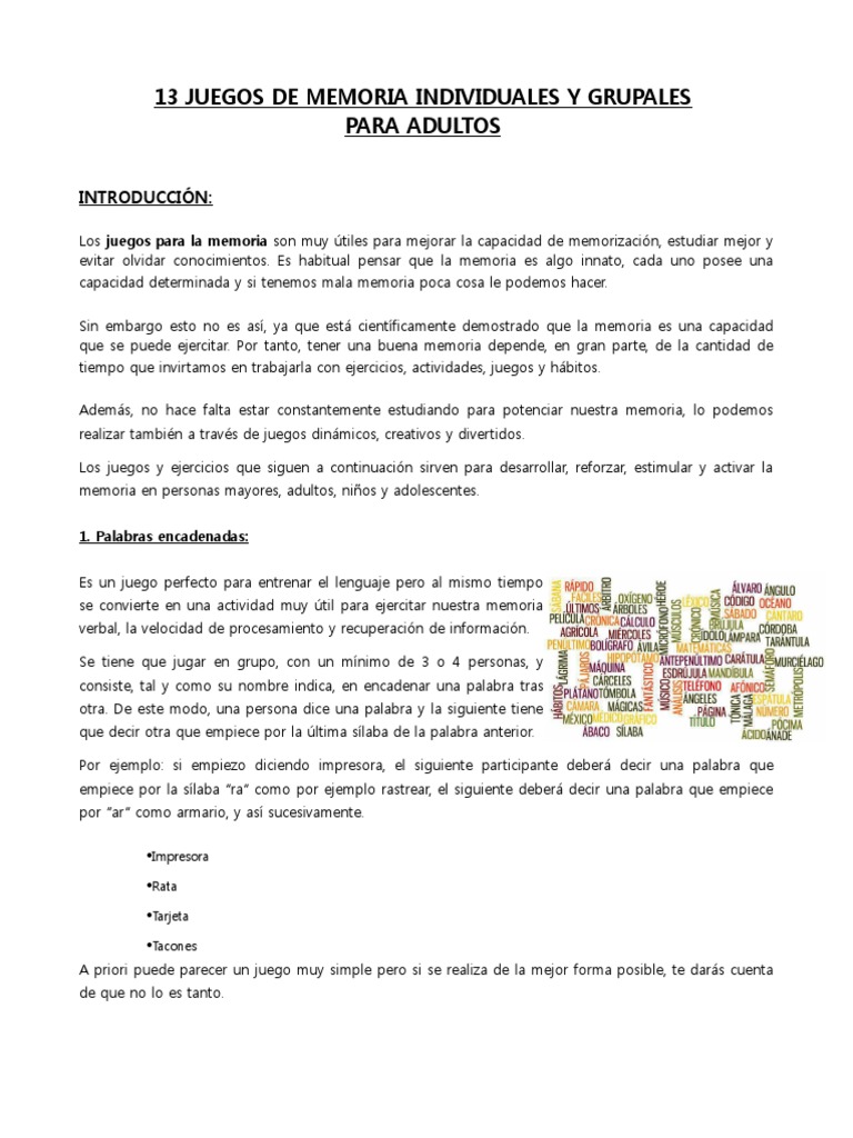 13 Ejercicios Memoria Adultos | PDF | Memoria | Matriz (Matemáticas)