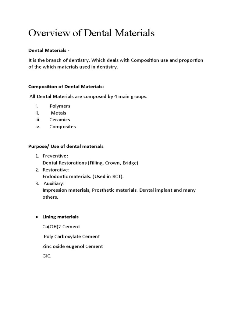 Overview of Dental Mat ClassNote | PDF | Dental Material | Dentistry ...