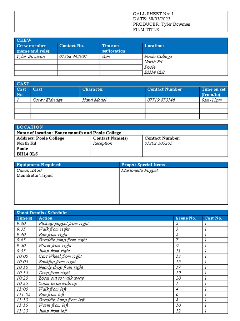 Call Sheet For Filming | PDF | Puppetry | Entertainment