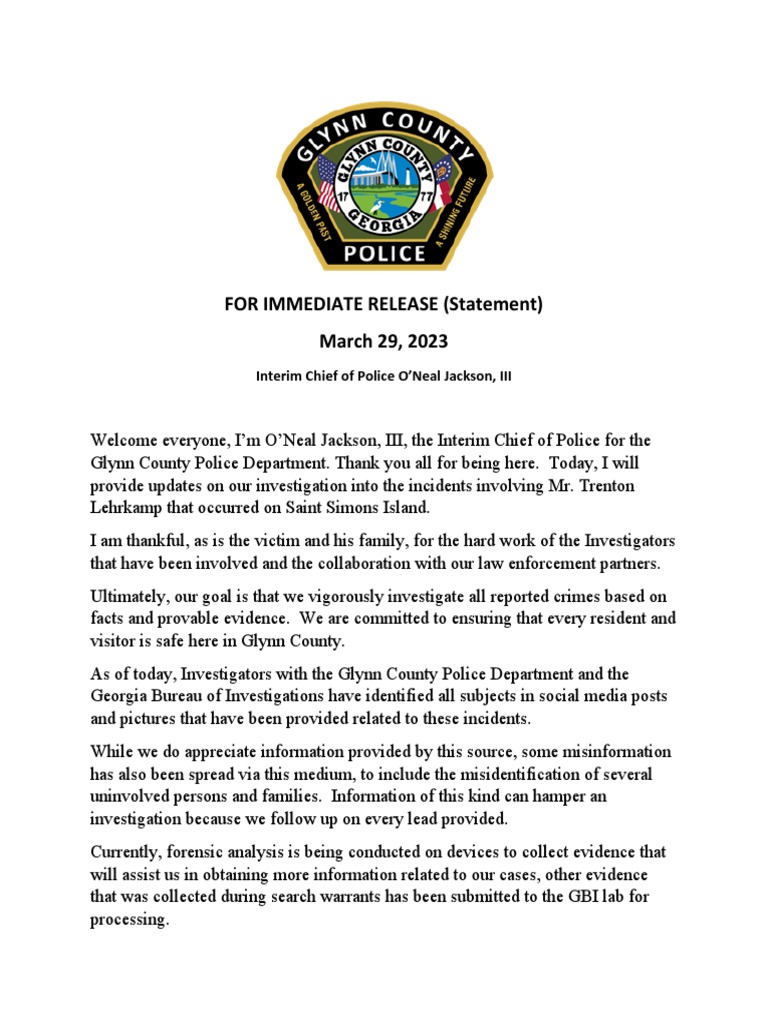 Glynn County Interim Police Chief Message On Lehrkamp Investigation | PDF
