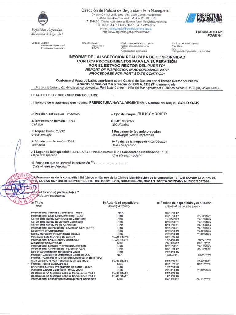 Argentina PSC Inspection Report20210329 | PDF