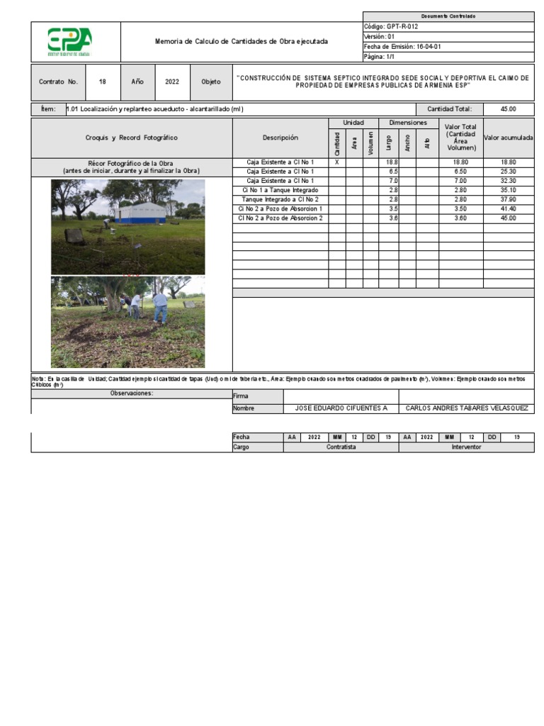 Memoria de Calculo de Cantidades de Obra Ejecutada: Documento Controlado | PDF | Volumen ...
