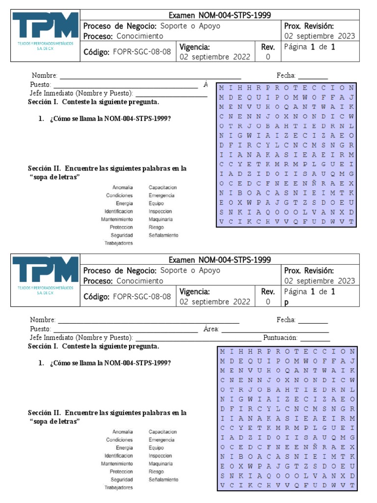 FOPR-SGC-08-08 Examen NOM-004-STPS-1999 | PDF