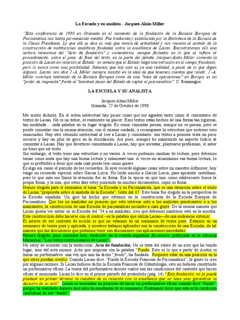 La Escuela y Su Analista - Jacques-Alain Miller | PDF | Jacques Lacan ...
