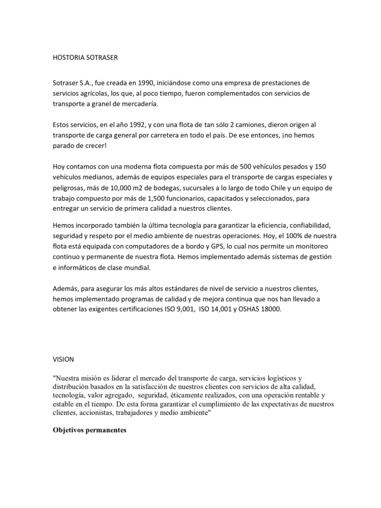 Hostoria Sotraser | PDF | Calidad (comercial) | Transporte