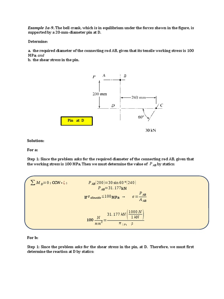 Example 1a-9. The Bell Crank, Which Is in Equilibrium Under The Forces Shown in The Figure, Is ...