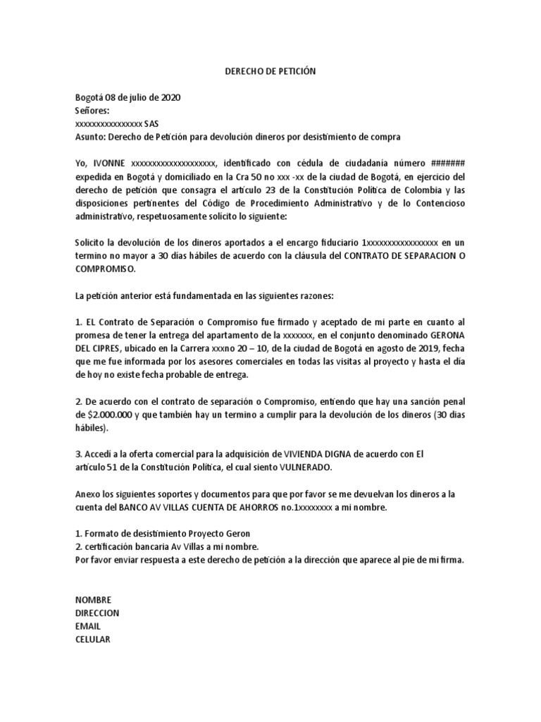 Derecho de Petición para Devolucion de Dineros Por Renuncia A Compra de Inmueble | PDF