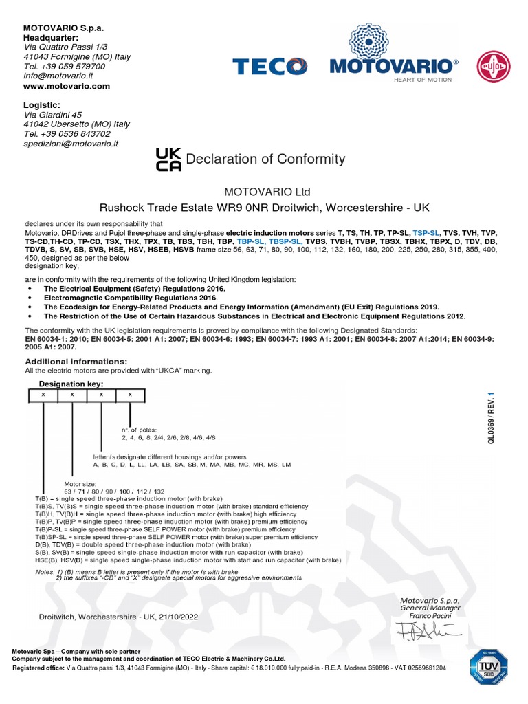 QL0369 Dichiarazione di Conformità UKCA motori standard - rev 1 | PDF ...