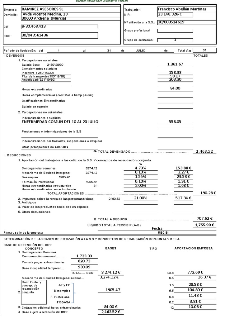 Modelo Nómina It | PDF | Dinero | Sueldos y salarios