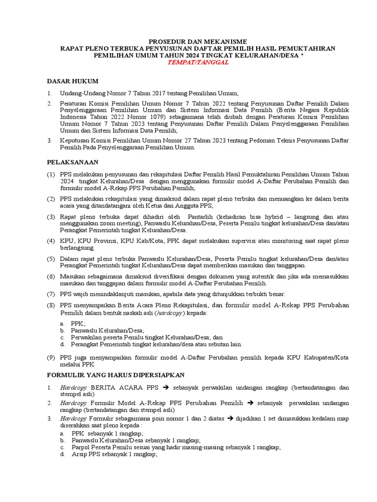 Draft PROSEDUR Dan MEKANISME Pleno Tingkat PPS PPK - Edit | PDF