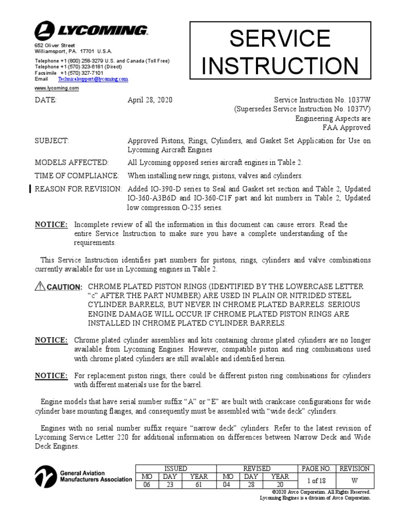 Service Instruction | PDF | Piston | Cylinder (Engine)