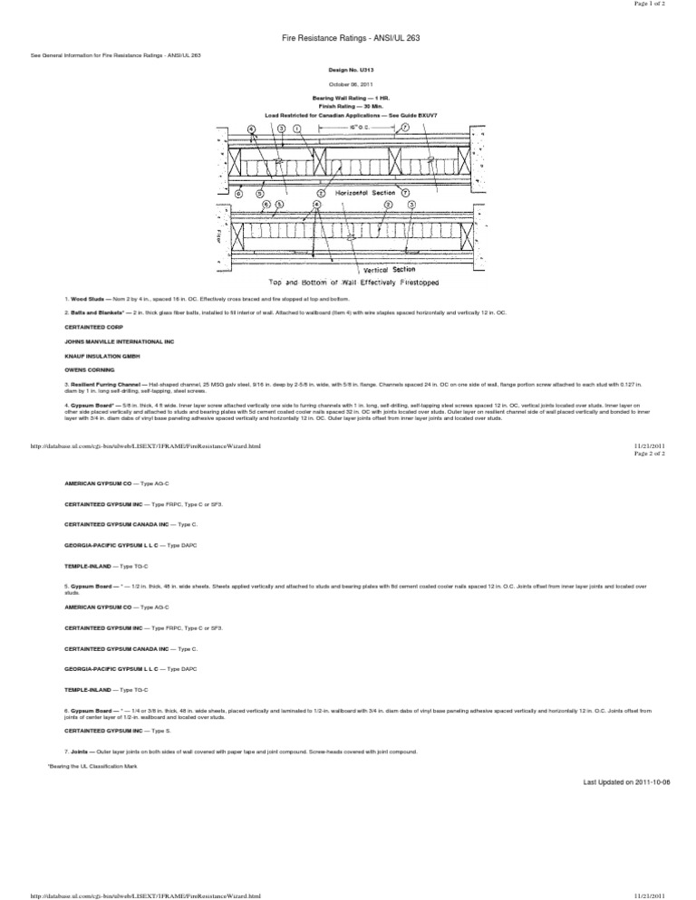 Fire Resistance Ratings - ANSI/UL 263: Design No. U313 | PDF | Drywall | Structural Engineering