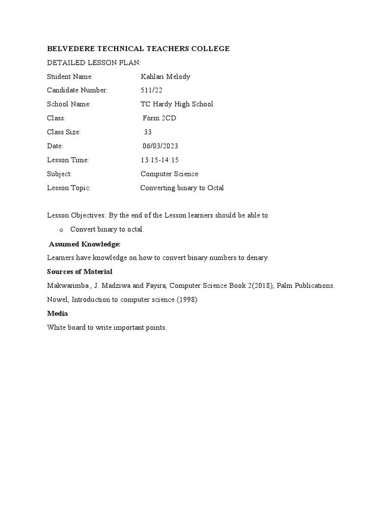 Convert Binary to Octal Lesson Plan | PDF | Learning | Teachers