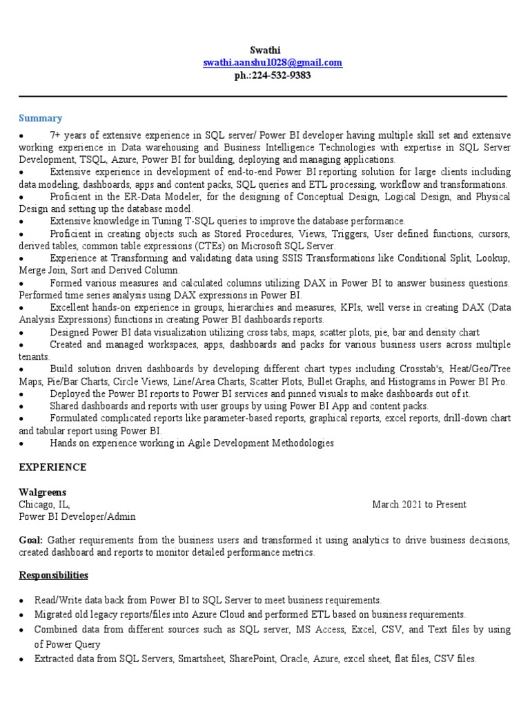 SwathiPBI Resume | PDF | Microsoft Sql Server | Databases