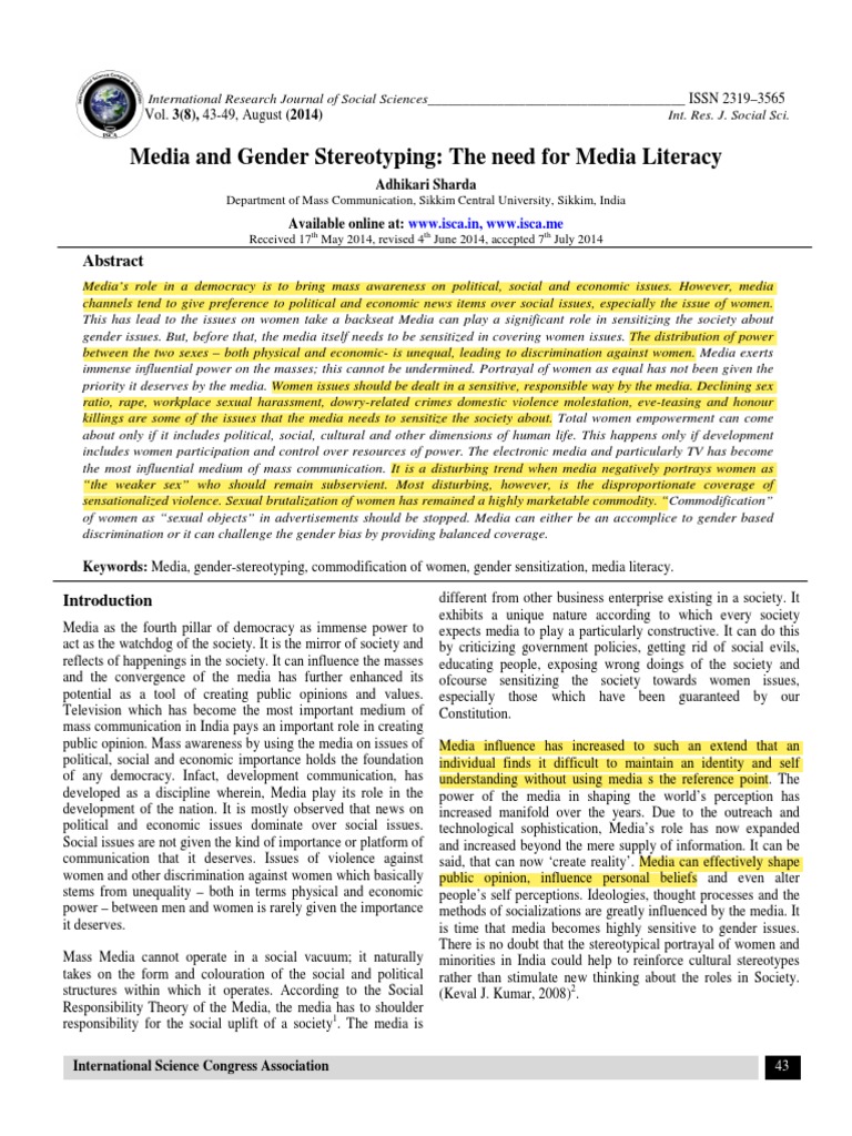 Media and Gender Stereotyping, The Need For Media Literacy | PDF ...