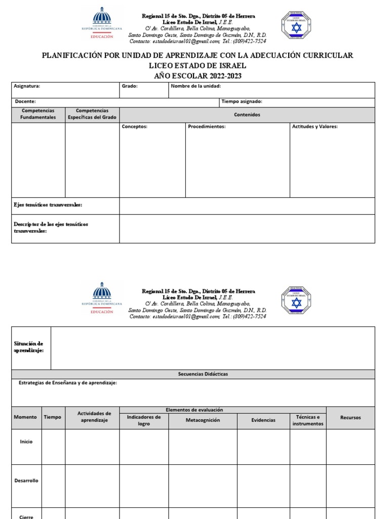 Planificación Por Unidad de Aprendizaje Con La Adecuación Curricular Liceo Estado de Israel AÑO ...