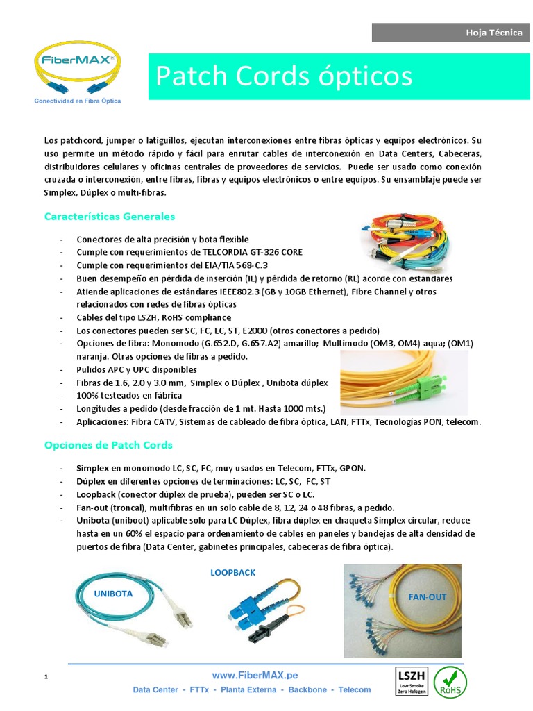 DS - Patch Cords Estandares 01-2018 | PDF | Fibra óptica | Ingeniería ...