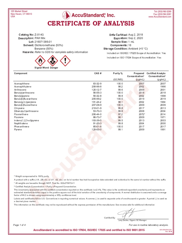 Certificado PAHs Mix Accustandard | PDF