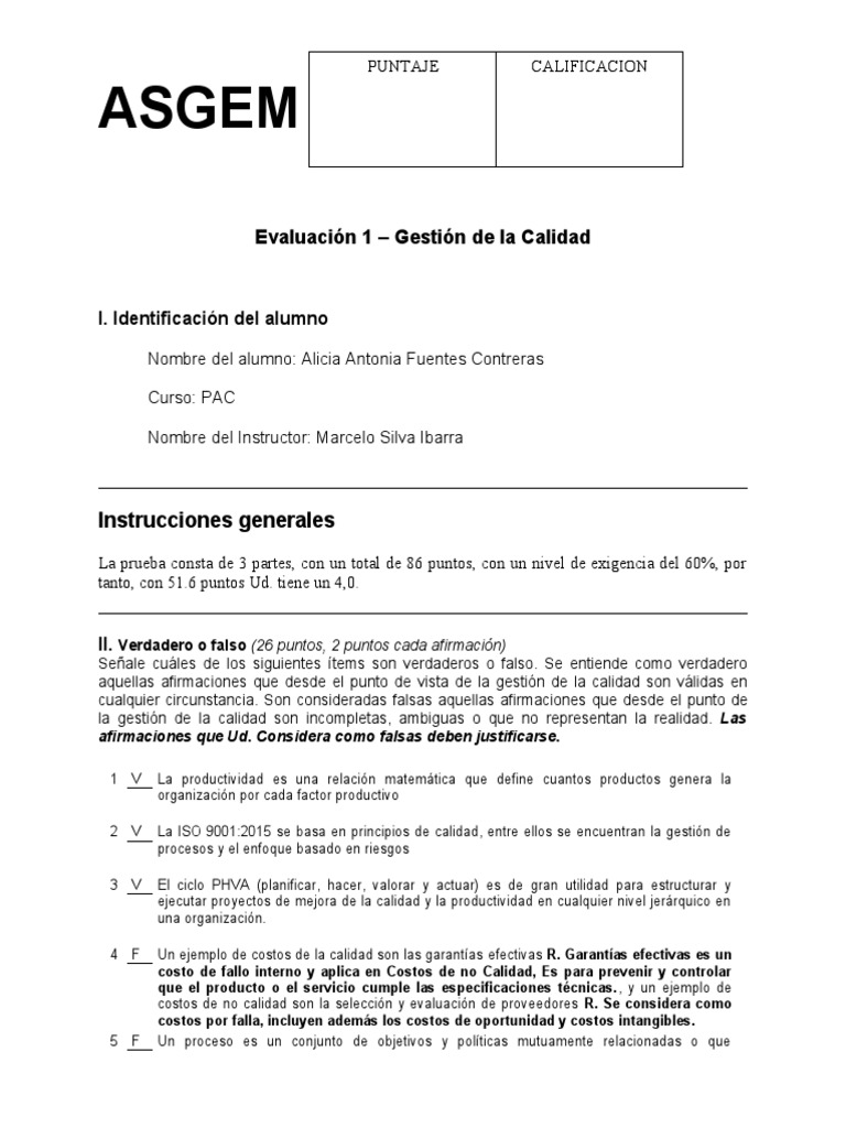 Asgem: Evaluación 1 - Gestión de La Calidad | PDF | Calidad (comercial ...