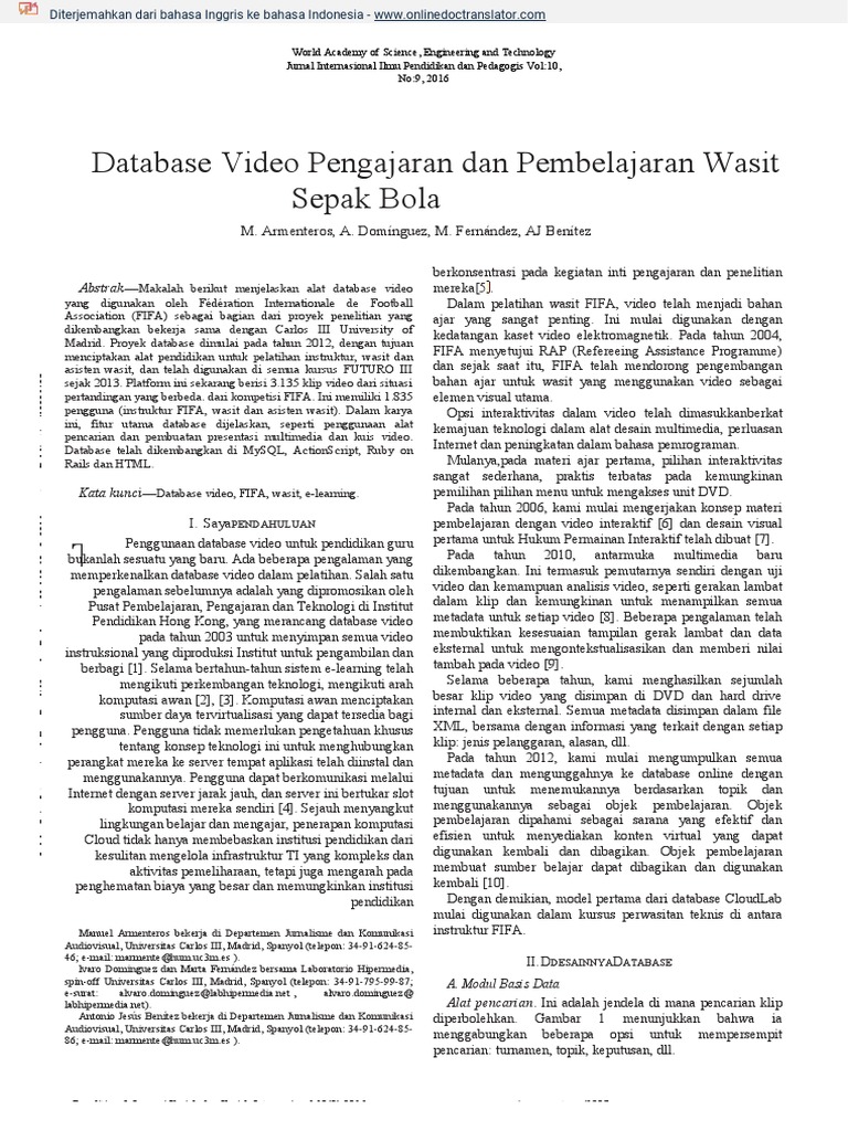 Database Video Pengajaran Dan Pembelajaran Wasit Sepak Bola: M. Armenteros, A. Domínguez, M ...